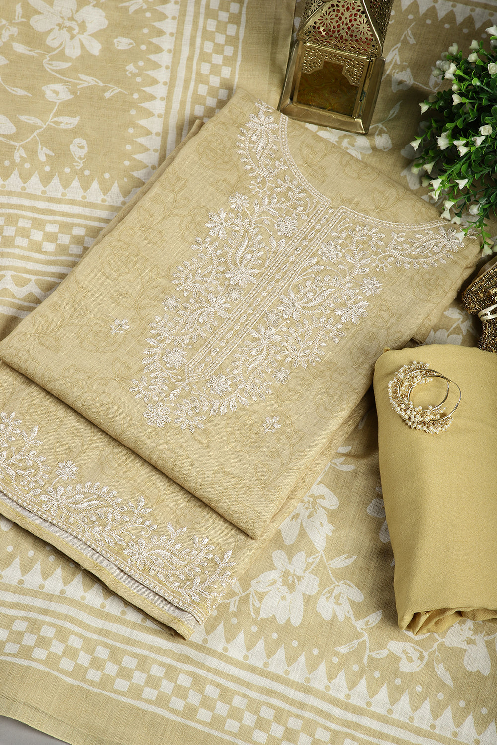 Mustard Color Linen Embroidery Self Print Unstitched Suit Material