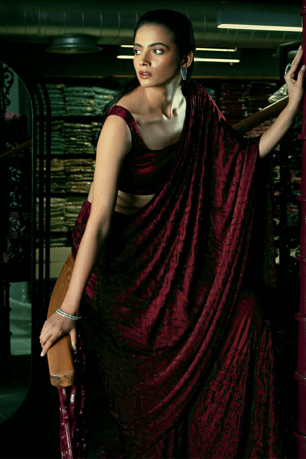 Dark Scarlet Colour Satin Saree. – Meena Bazaar Shop